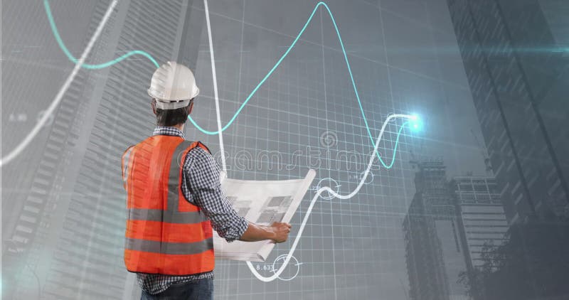 Animation of Diverse Financial Data and Graphs Over Back View of ...