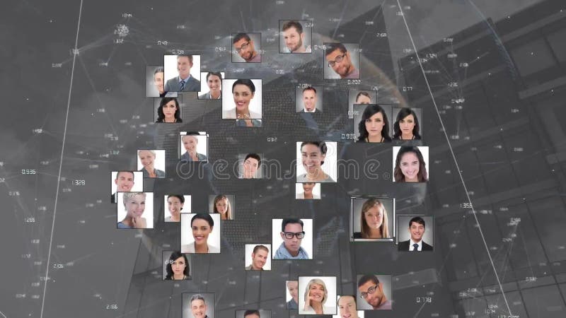Animation of Diverse People Profile Pictures and Globe Over Low Angle ...