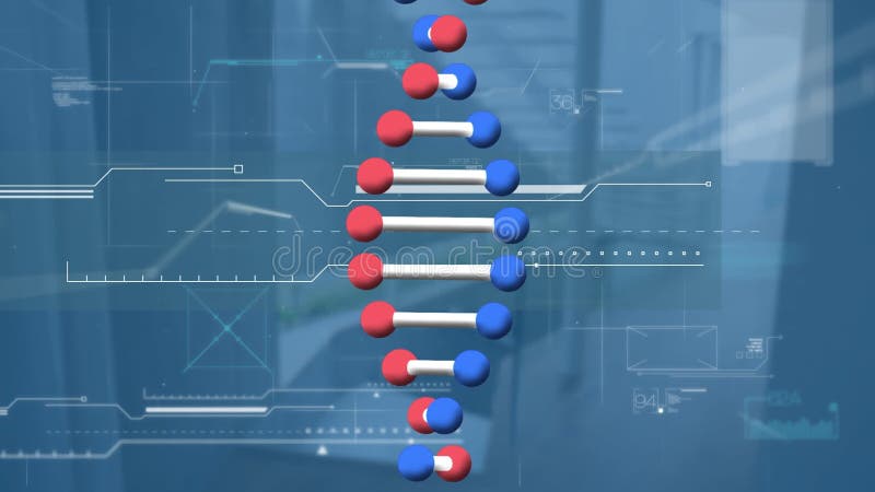 Animation of Dna Chain Rotating Over Diverse Data on Blue Background ...