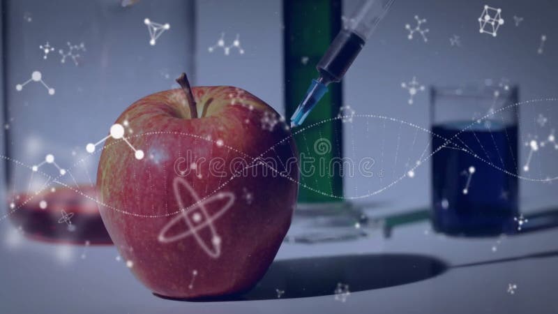 Animation of Dna and Element Structures Over Syringe Injecting Apple in ...