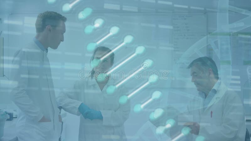 Animation of Dna Helix and Bars Over Diverse Scientists Discussing ...