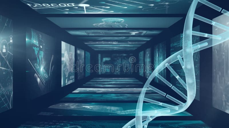 Animation of Dna Rotating Over Blue Background with Data Processing on ...