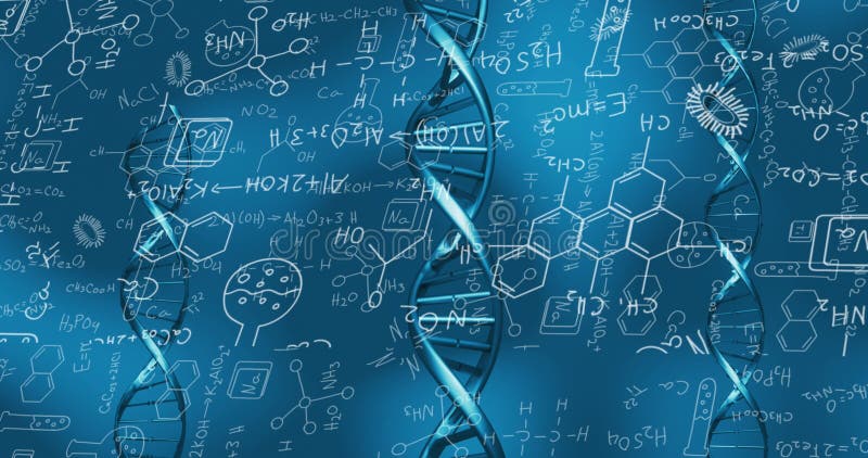 Animation of Dna Rotating Over Chemical Formulas on Blue Background ...