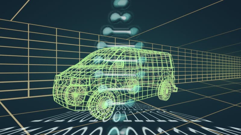 Animation Of Dna Strand And Binary Coding Over 3d Drawing Model Of Van