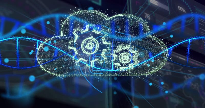 Animation of Dna Strand, Cogs and Cloud on Dark Background Stock ...