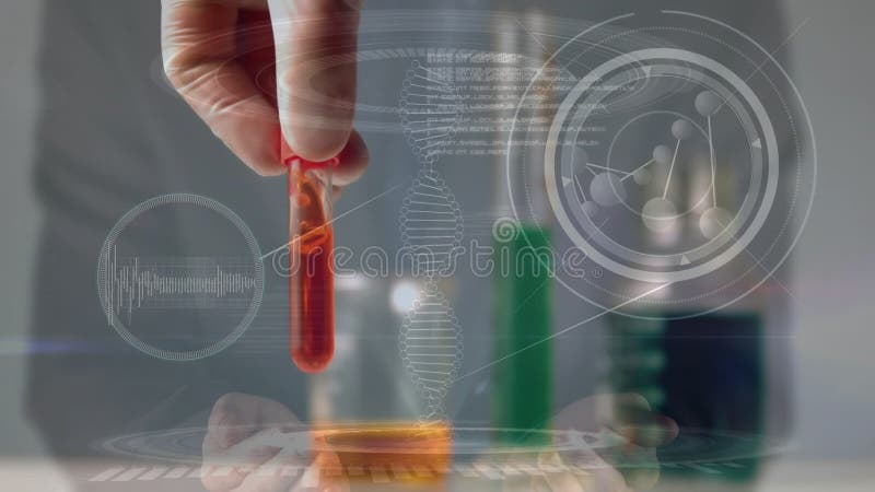 Animation of Dna Strand and Data Processing Over Hand Holding Test Tube ...