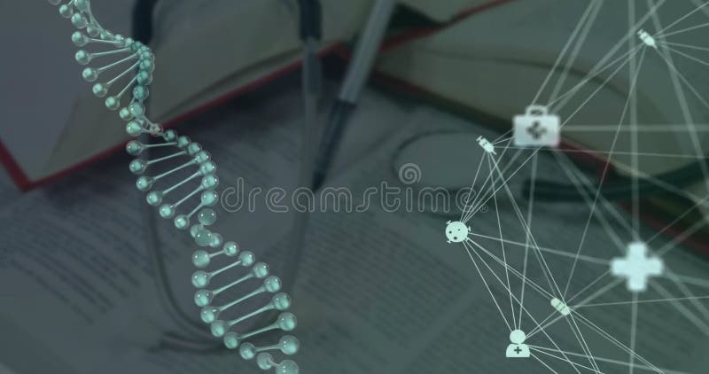 Animation of Dna Strand and Network of Connections with Icons Over ...