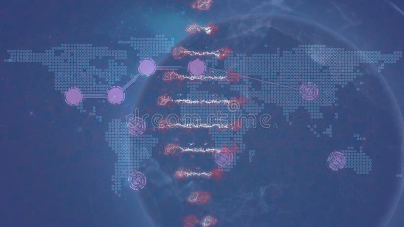 Animation of Dna Strand, Network of Connections with World Map on Blue ...
