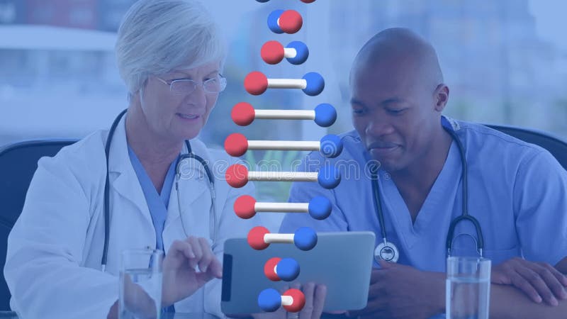 Animation of Dna Strand Over Diverse Doctors Using Tablet Stock Footage ...