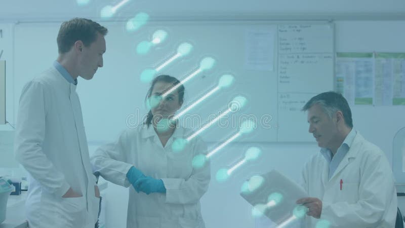 Animation of Dna Strand Over Diverse Scientists in Laboratory Stock ...
