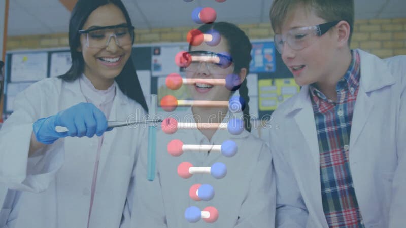 Animation of Dna Strand Over Diverse Students Doing Experiments Stock ...