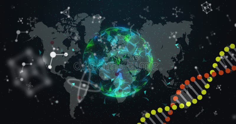 Animation of Dna Strand Spinning and Molecules Over Globe and World Map ...