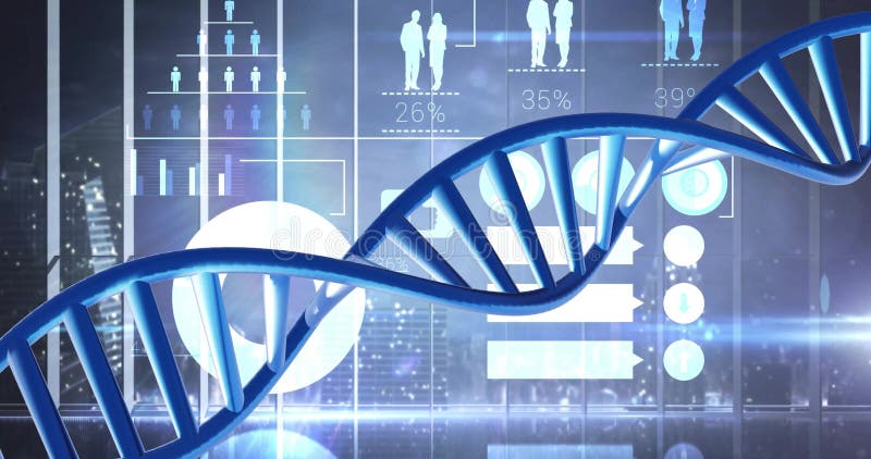 Animation of Dna Strand Spinning Over Data Processing on Blue ...