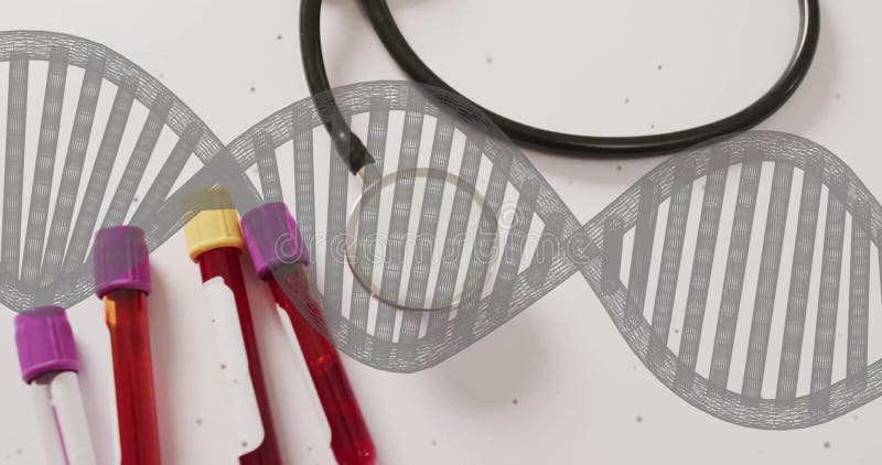 Animation of Dna Strand and Test Tubes with Blood Over Stethoscope ...