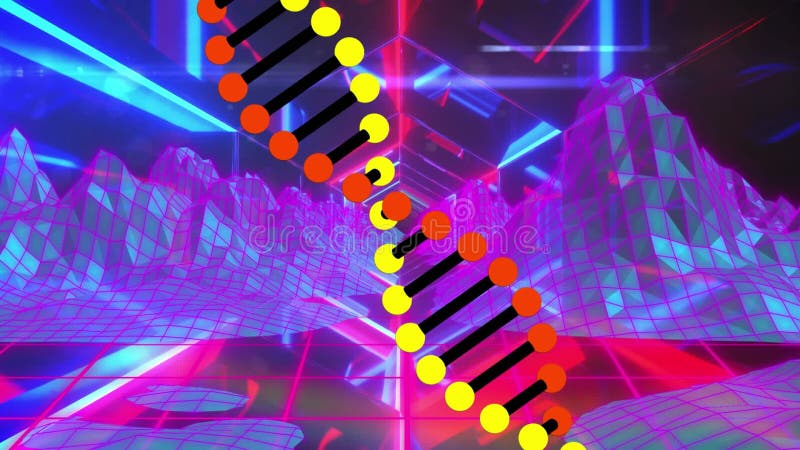 Animation of Dna Structure Spinning Over Metaverse Structures and Neon ...