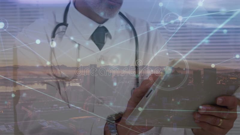 Animation of Dots Connected with Lines, Aerial View of Cityscape and ...