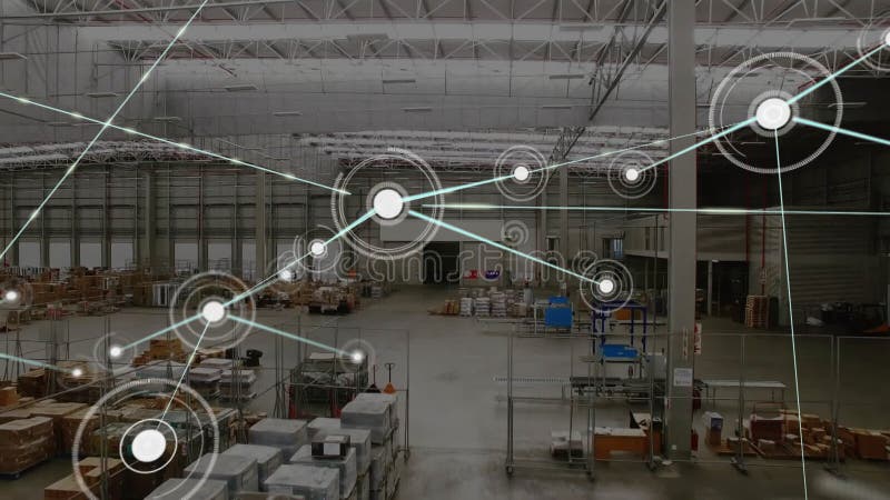 Animation of Dots Connected with Lines Over Aerial View of Goods in ...