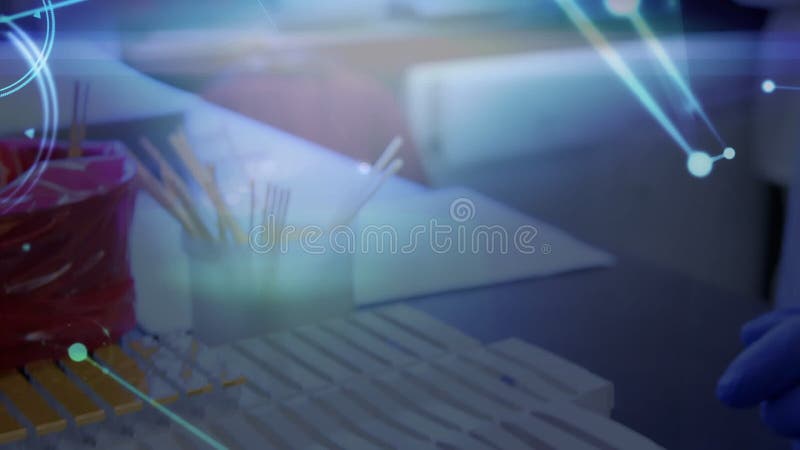 Animation of Dots Connected with Lines Over Cropped Hands of Scientist ...