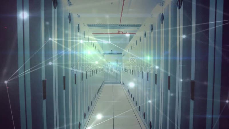 Animation of Dots Connected with Lines Over Data Server Room in ...