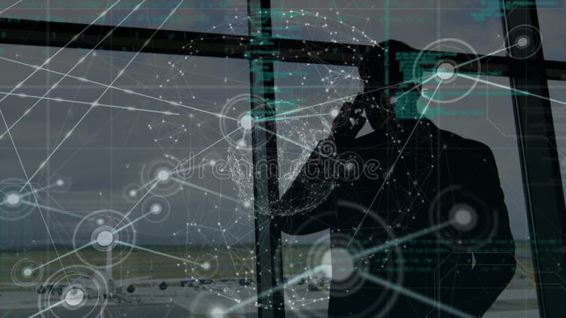 Animation of Dots Connecting with Lines, Globe and Text Over Silhouette ...