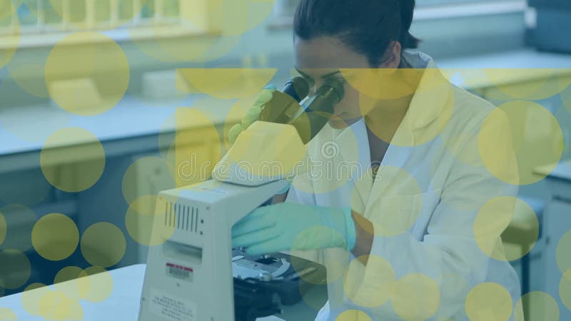 Animation of Dots Floating Over Biracial Female Lab Worker Using ...