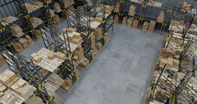 Animation of Drone View of Stacks of Boxes in Warehouse Stock Footage ...