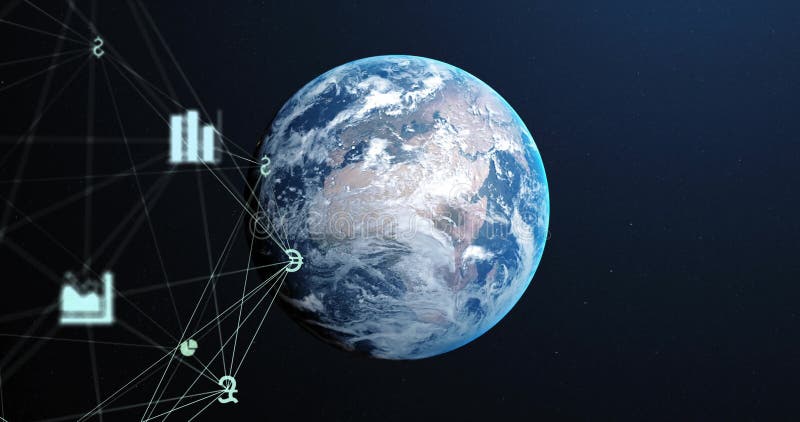 Animation of Earth in Space with Network Data Icons and Graphs Stock ...