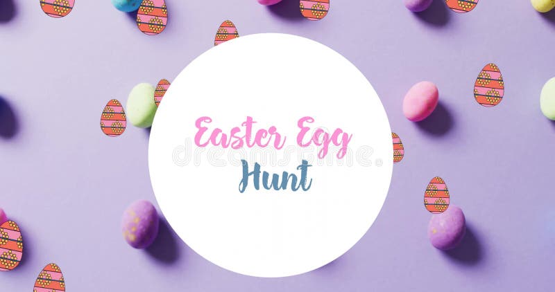 Animation of Easter Egg Hunt Text Over Colourful Easter Eggs on Purple ...