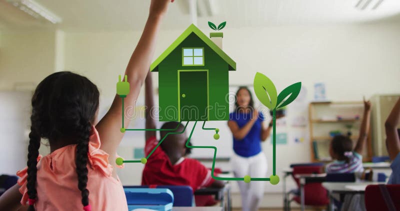 Animation of Eco Icons Over Diverse Schoolchildren and Female Teacher ...