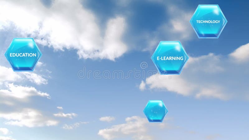 Animation of Education and Learning Text on Blue Hexagons Over Clouds ...
