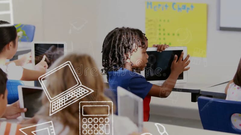 Animation of Education School Icons Over Diverse School Children in ...