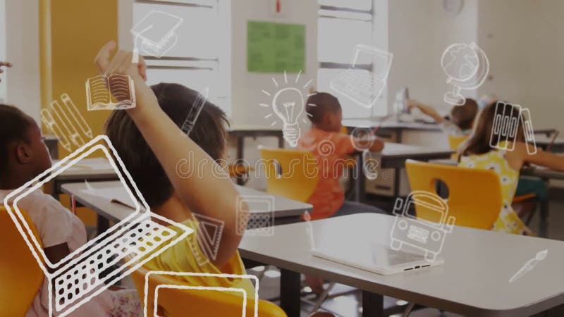 Animation of Education School Icons Over Diverse School Children in ...