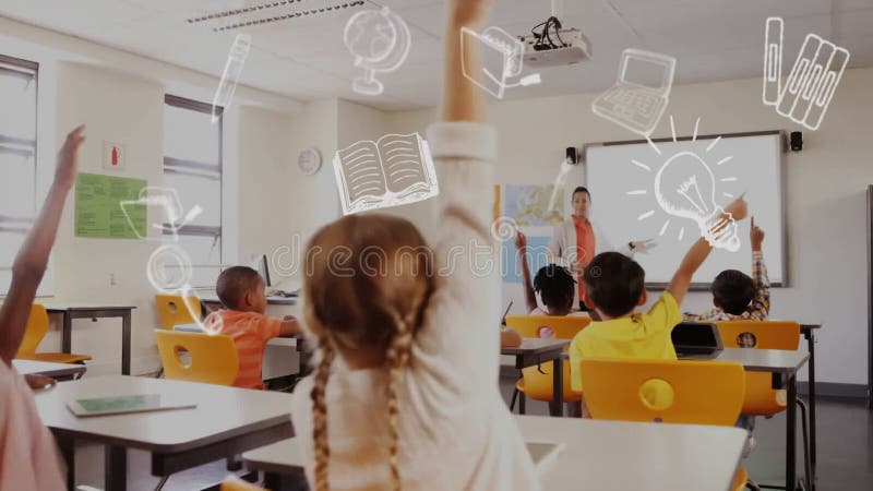 Animation of Education School Icons Over Diverse School Children in ...