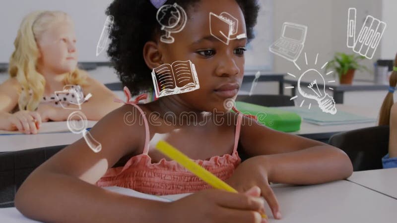 Animation of Education School Icons Over Diverse School Children in ...