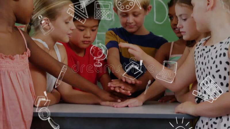 Animation of Education School Icons Over Diverse School Children in ...