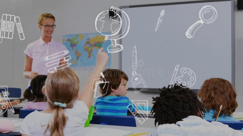 Animation of Education School Icons Over Diverse School Children in ...