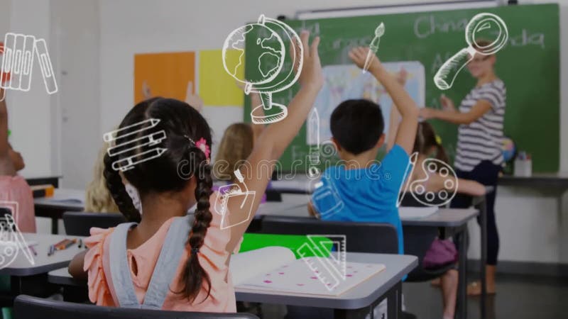 Animation of Education School Icons Over Diverse School Children in ...