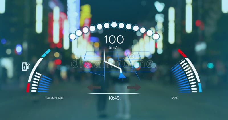 Animation of Electric Car Speedometer Data Processing Over City Stock ...
