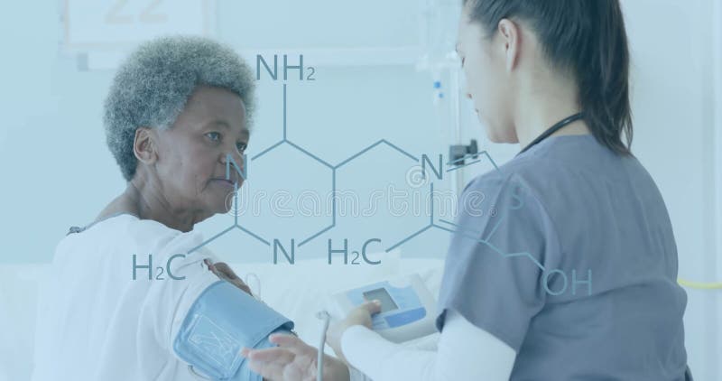 Animation of Element Diagram Over Diverse Female Doctor Taking Pulse of ... Animation of Element Diagram Over Diverse Female Doctor Taking Pulse of ...