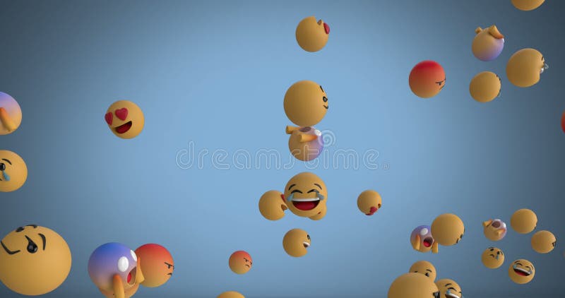 Animation of Emoji Icons and Data Processing Over Blue Background Stock ...
