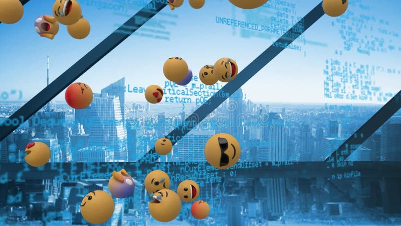 Animation of Emoji Icons Over Data Processing and Cityscape Stock ...