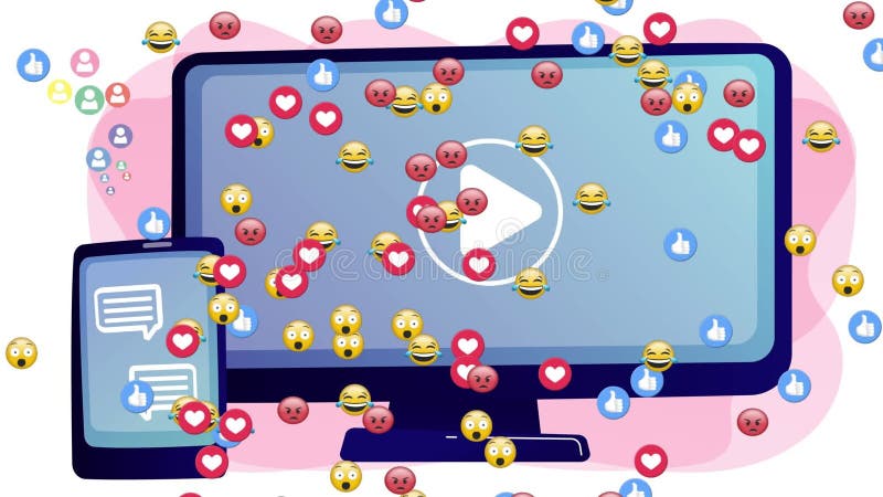 Animation of Emoticons Floating Over Computer Screen and Tablet Stock ...