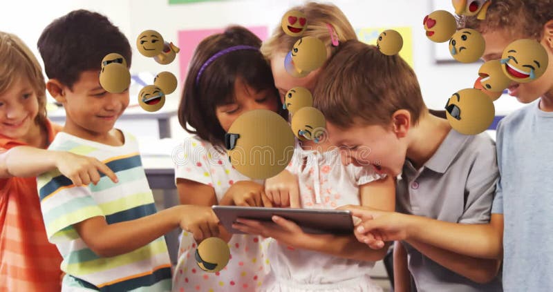 Animation of Emoticons Floating Over Diverse Children Laughing and ...