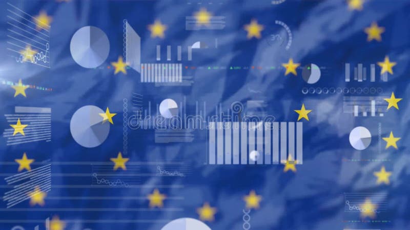 Animation of European Union Flag with Abstract Data Processing Graphics ...