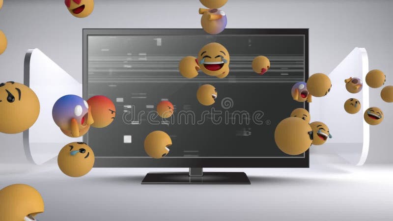 Animation of Face Emojis and Glitch Effect Over Computer Screen Against ...