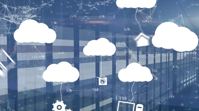 Animation of Falling Clouds Icons and Network of Connections Over Graph ...