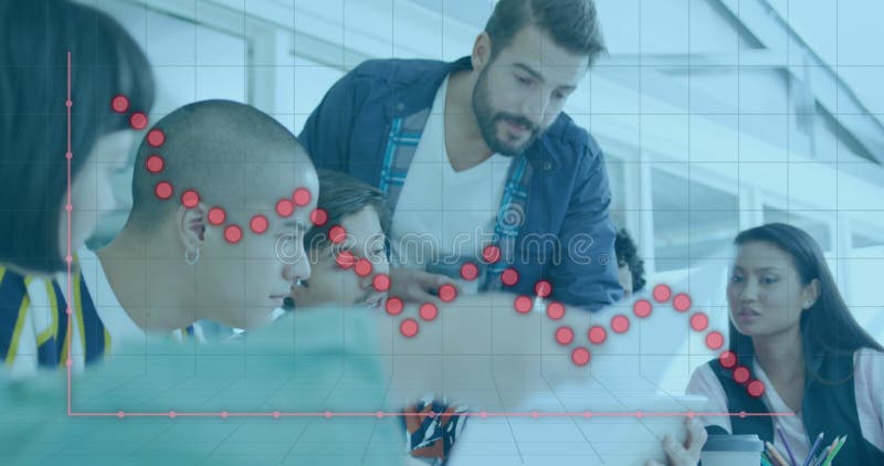 Animation of Falling Graph and Grid Pattern Over Diverse Coworkers ...