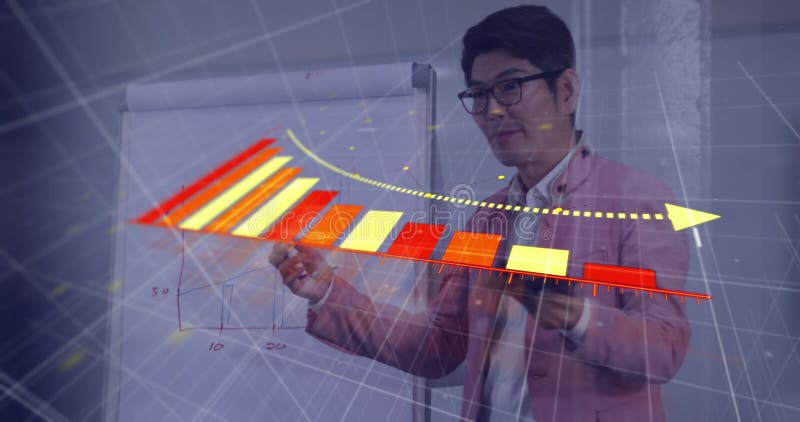 Animation of Falling Graph Over Asian Man Explaining Strategy on ...