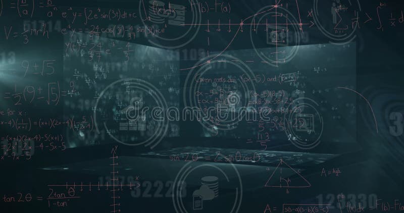 Animation of Falling Icons Over Data Processing on Dark Background ...