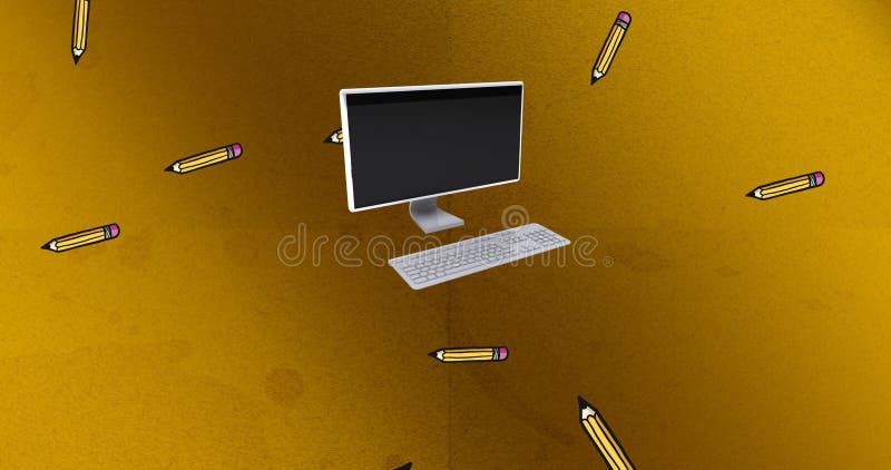 Animation of Falling Yellow Pencils and Desktop Computer on Gold Stock ...
